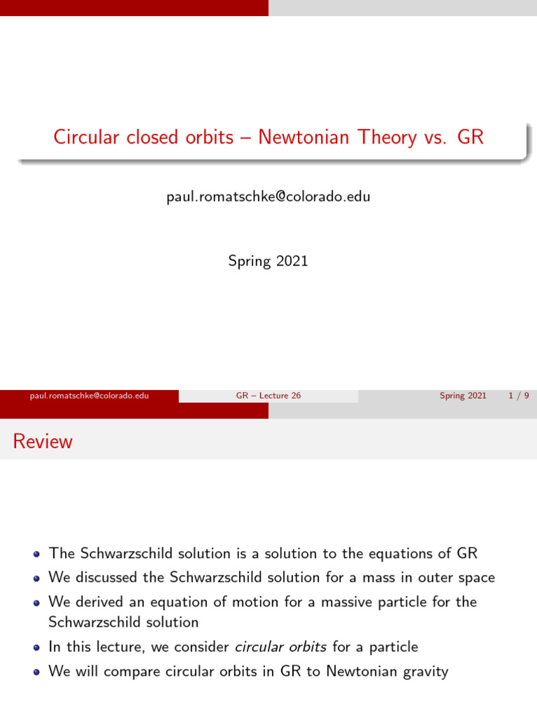 GR26 Circular closed orbits { Newtonian Theory vs. GR | PDF | Classical Mechanics | Equations Of ...