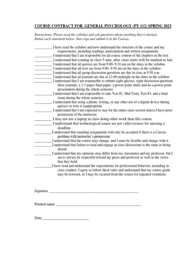 COURSE CONTRACT FOR GENERAL PSYCHOLOGY Spring 2023 | PDF | Language ...