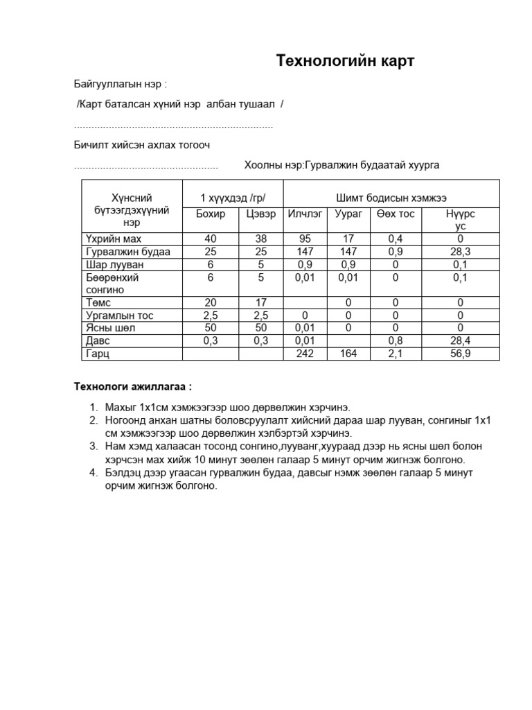 Технологийн карт | PDF