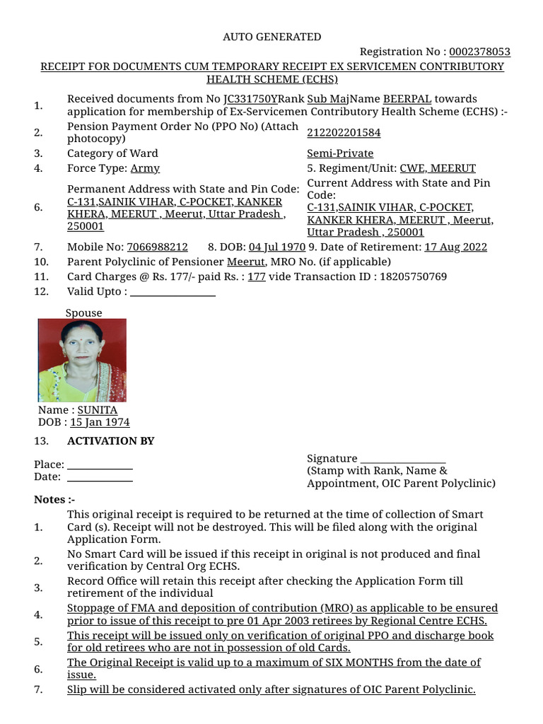 ECHS Membership Receipt | PDF | Applications Of Cryptography | Service ...