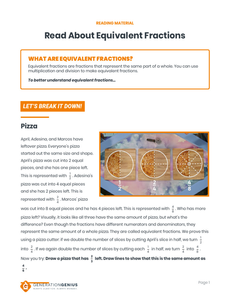 Equivalent Fractions Reading | PDF | Mathematical Objects | Notation