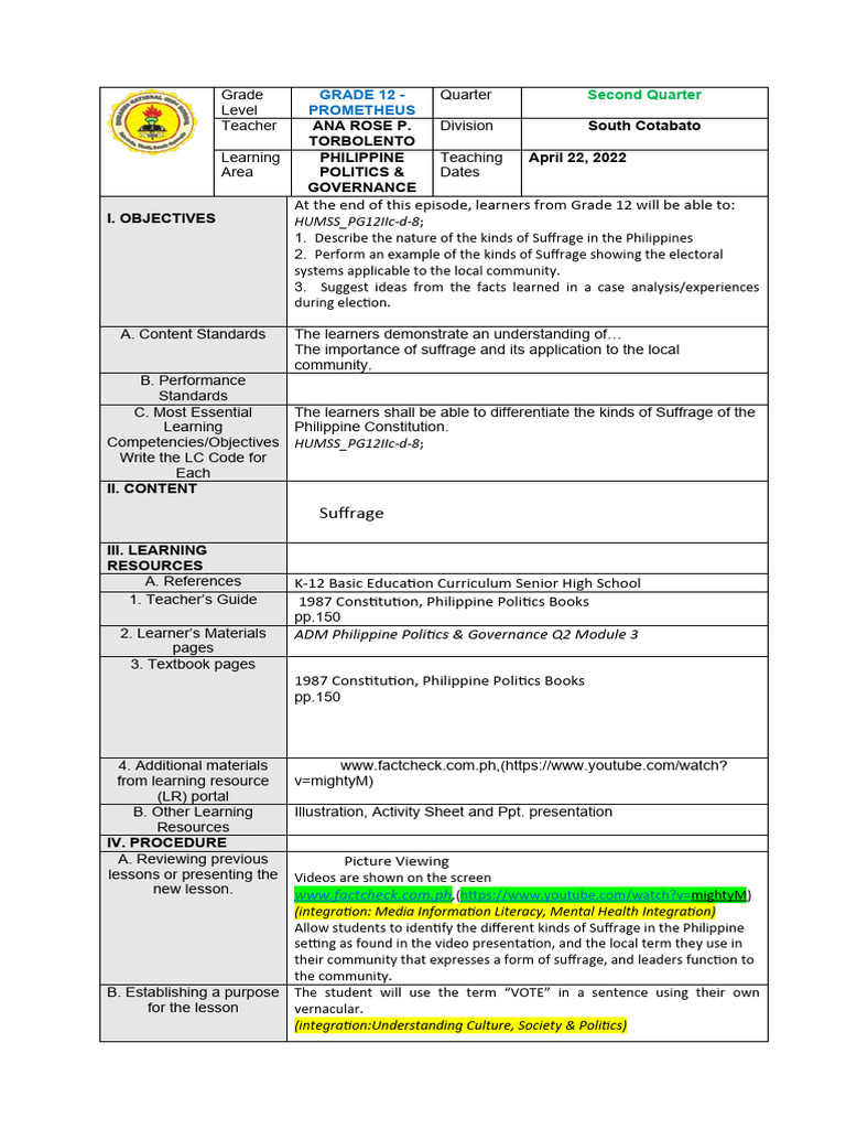 Daily-Lesson-Log-F2F Mam - COT2 | PDF | Elections | Learning
