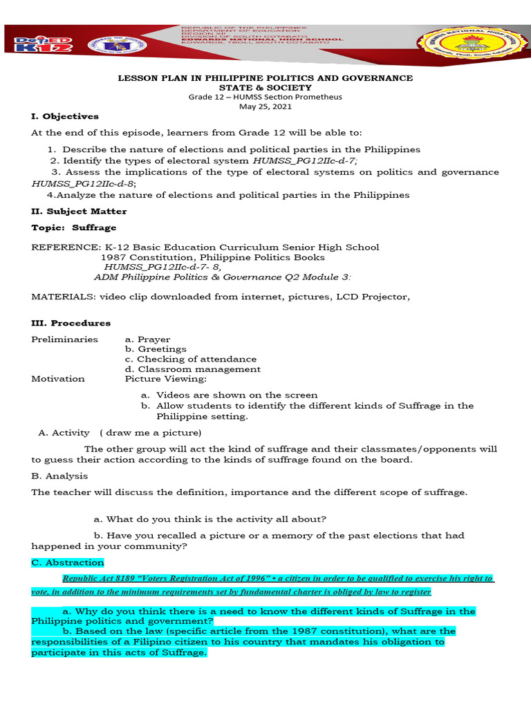 Lesson Plan Demo - Politics | PDF | Suffrage | Elections