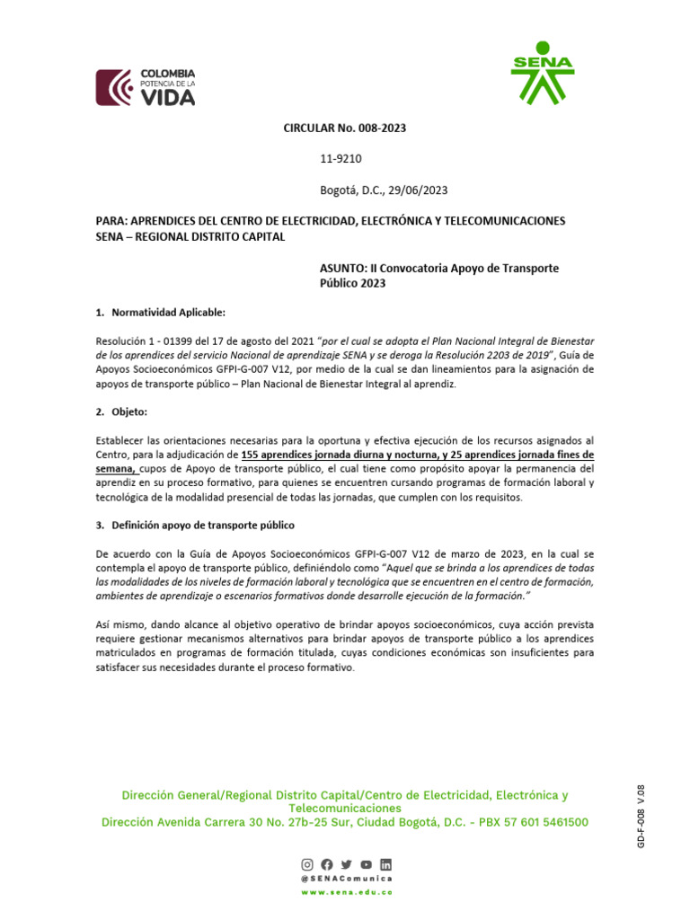 Circular No 008-2023 - II Convocatoria Transporte 2023 | PDF | Bogotá Circular No 008-2023 - II Convocatoria Transporte 2023 | PDF | Bogotá