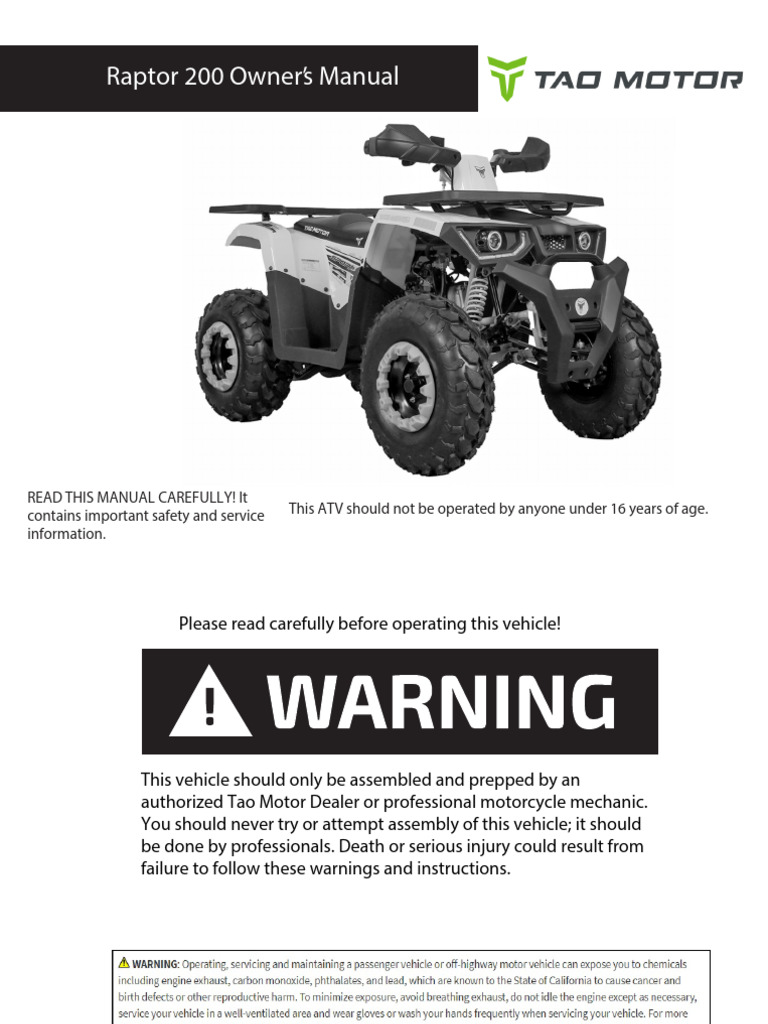Tao Motor Raptor 200 Owner - S Manual 6 9 21 | PDF | Brake | Battery ...