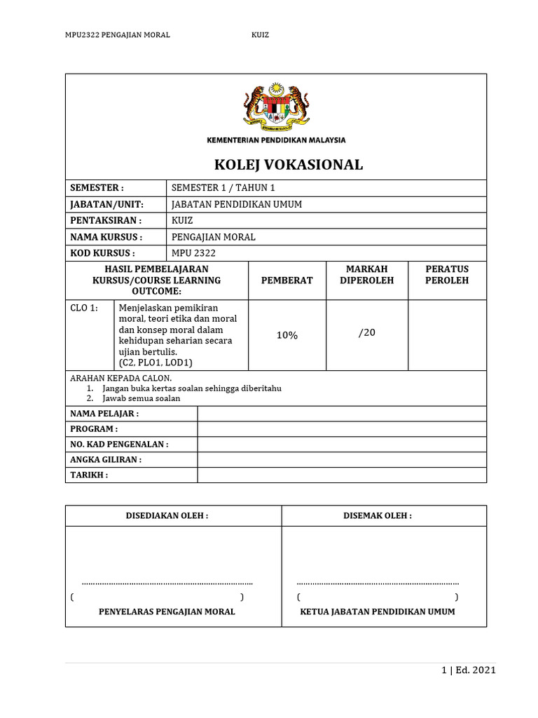 PB 1 Kuiz - Mpu 2322 Pengajian Moral 2021 | PDF