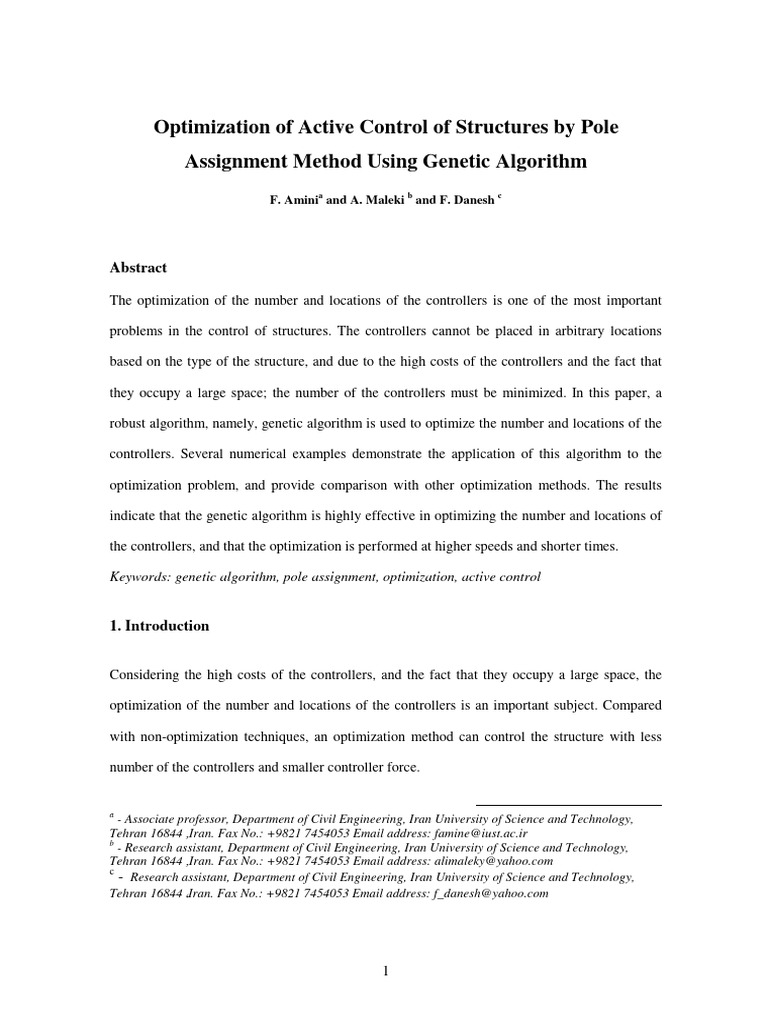 Optimization of Active Control of Structures by Pole Assignment Method Using Genetic Algorithm ...