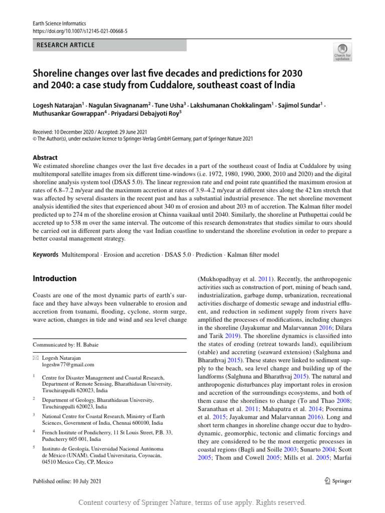 Shoreline Changes in Cuddalore, India | PDF | Coast | Regression Analysis