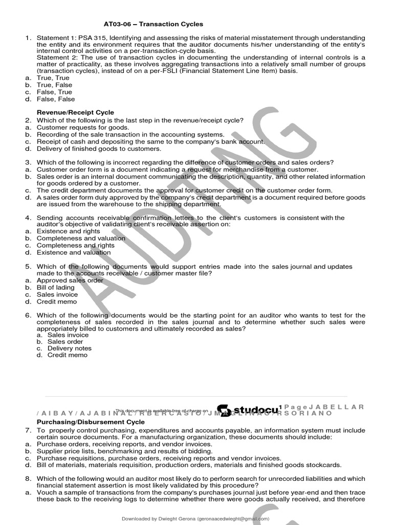 Understanding Transaction Cycles in Auditing | PDF | Finance & Money ...