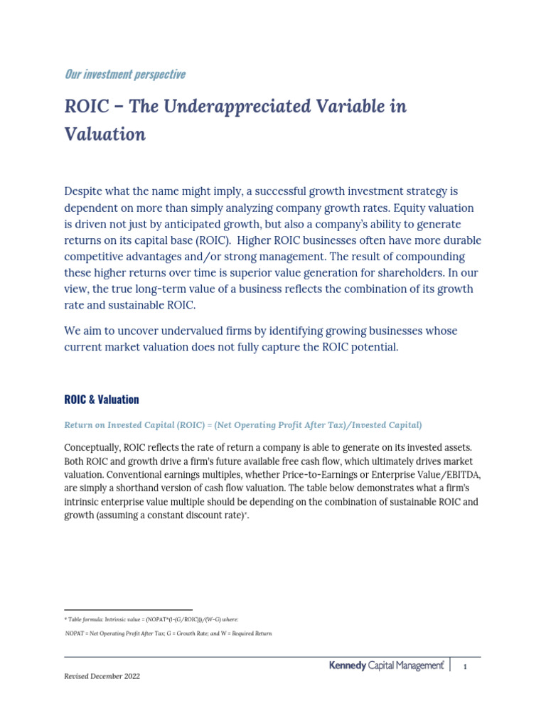 ROIC - The Underappreciated Variable in Valuation | PDF | Law