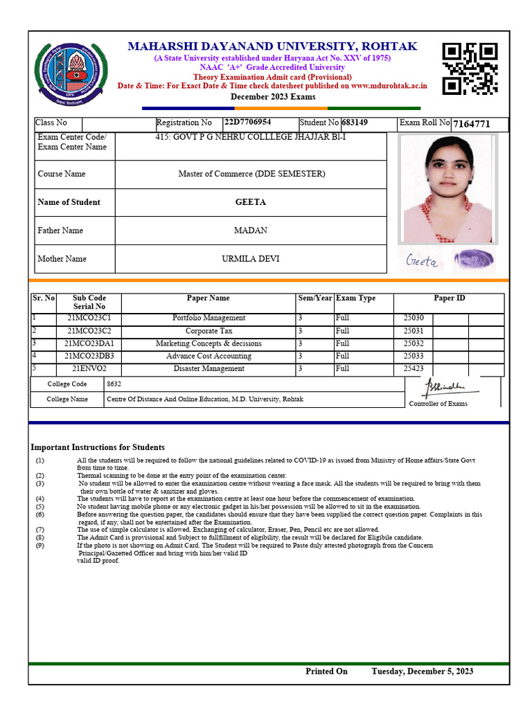 StudentAdmitCard Full | PDF