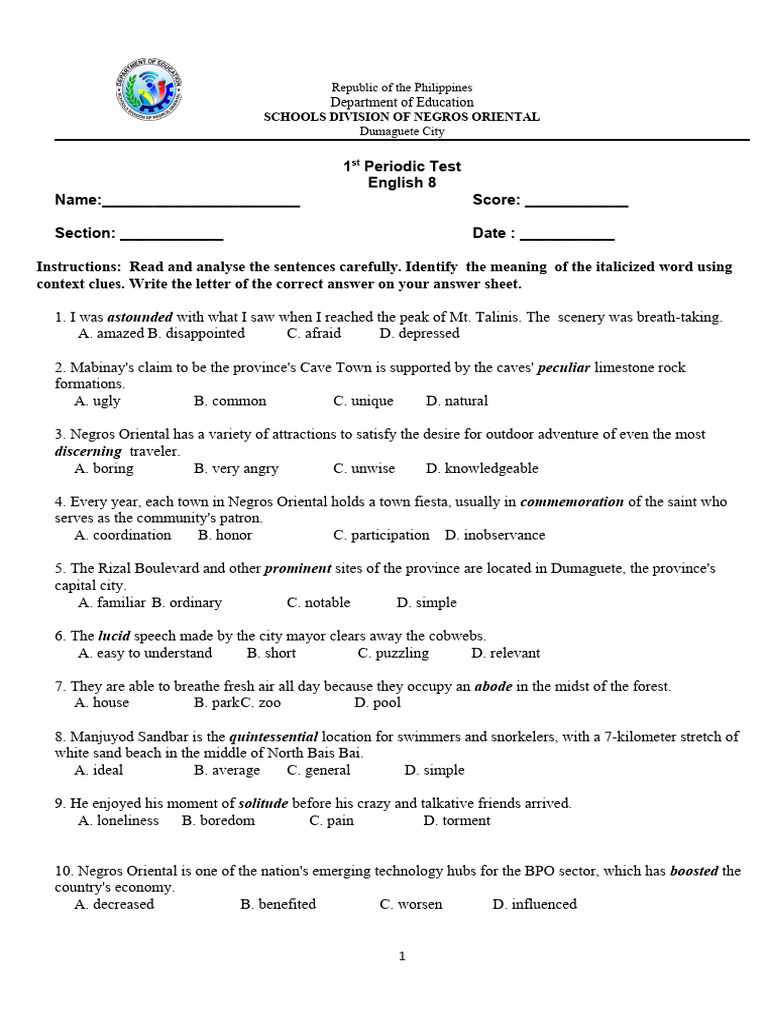 GRADE 8 1ST QUARTER EXAM | PDF