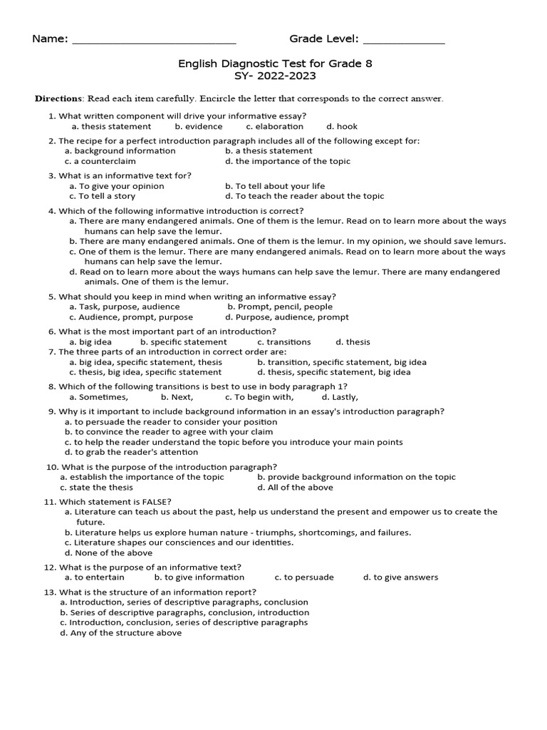 English-8-Diagnostic Test | PDF
