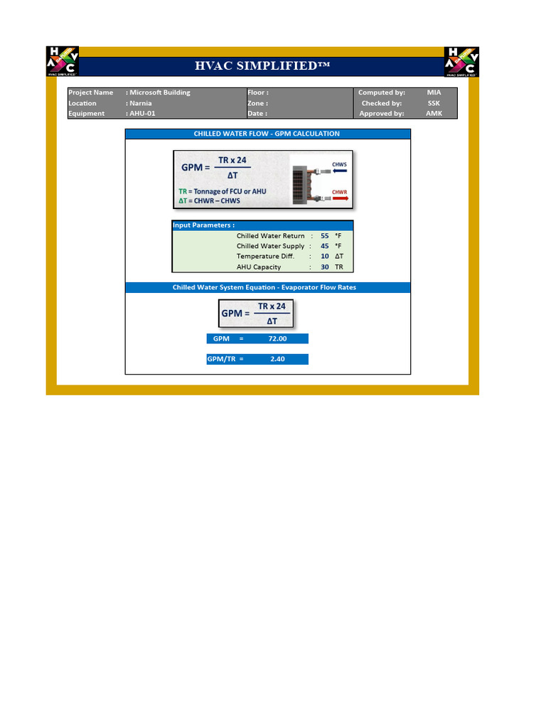 GPM HVAC Chilled Water Flow Calculation Sheet | PDF