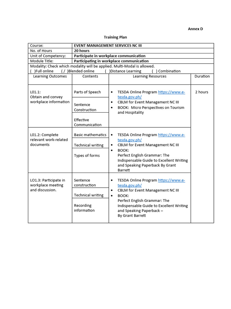 Training-Plan-Events Management-NCII | PDF