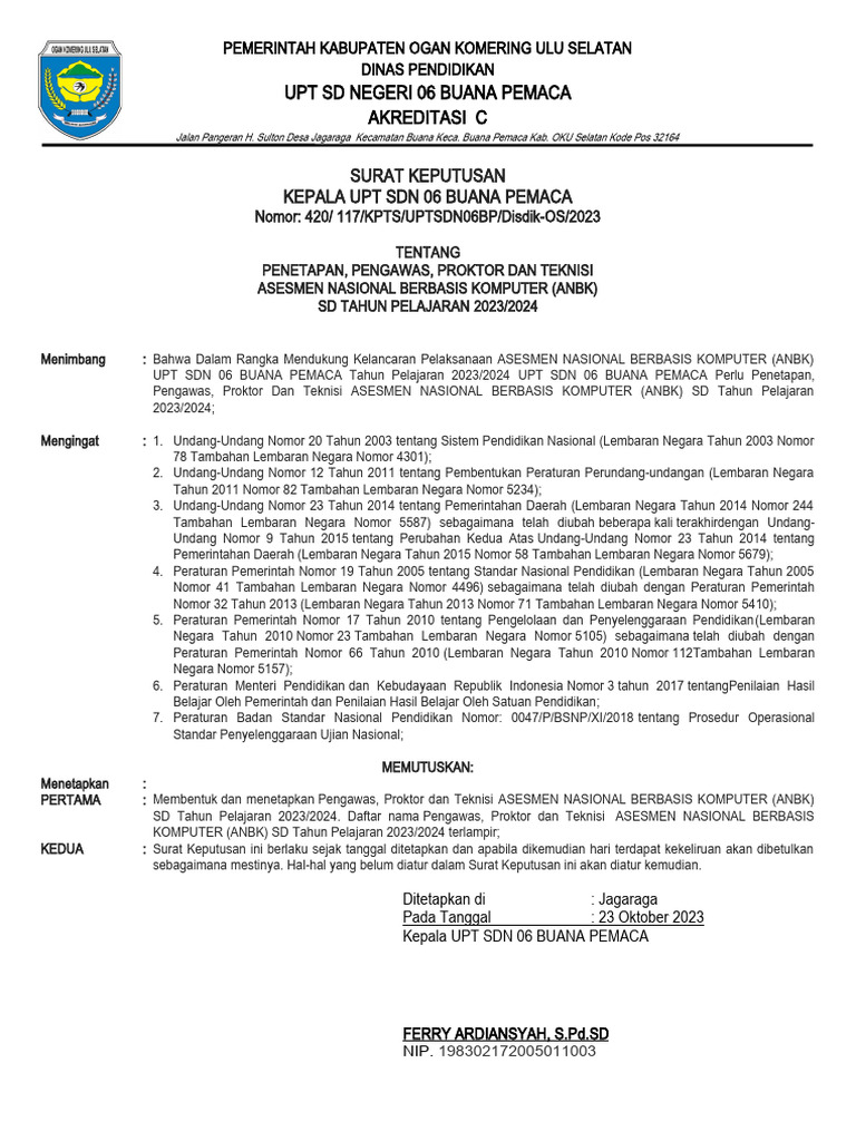 SK Pengawas Proktor Dan Teknisi ANBK | PDF