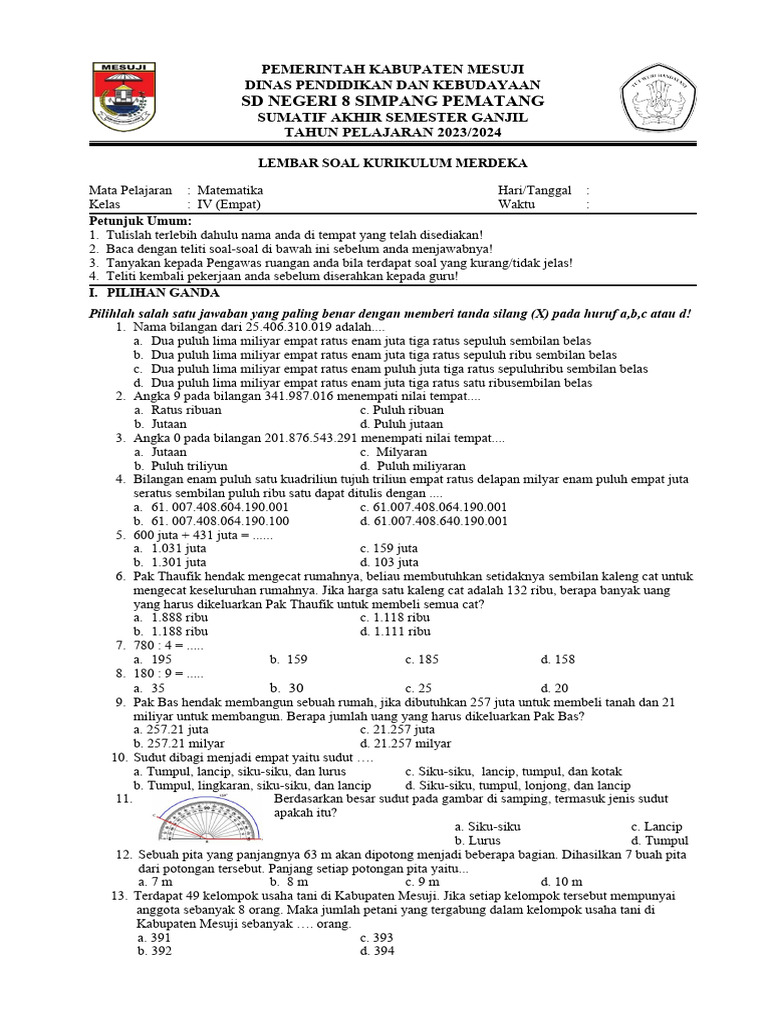 Sumatif MTK Kelas 4 Sem 1 | PDF | Metode & Bahan Ajar
