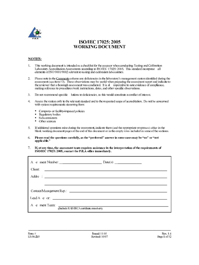 ISO 17025 Audit Checklist (PJLA) | PDF