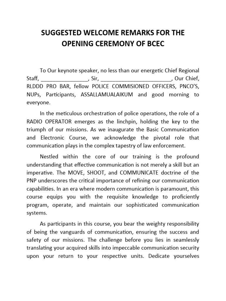 Suggested Welcome Remarks For The Opening Ceremony of Bcec | PDF ...