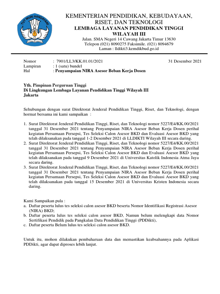 Surat Pemberitahuan Hasil Ujikom Asesor BKD Dan NIRA TTD | PDF | Bisnis
