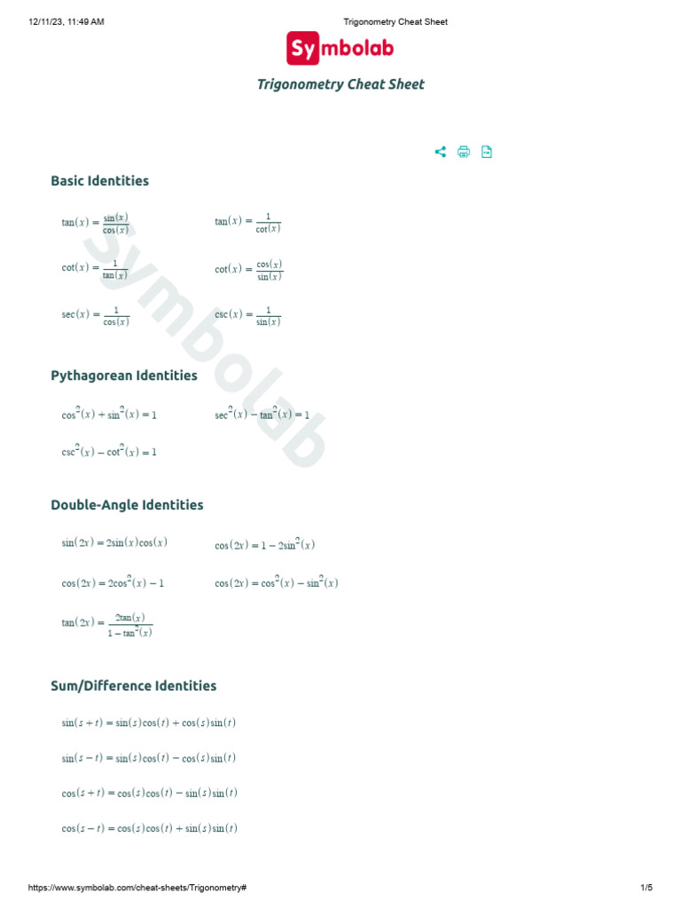 Trigonometry Cheat Sheet - Copy | PDF