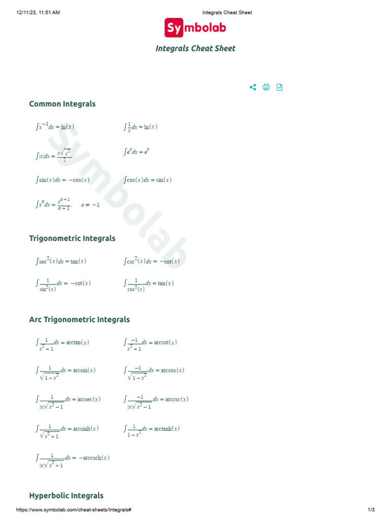 Integrals Cheat Sheet | PDF | Triangle Geometry | Mathematical Relations
