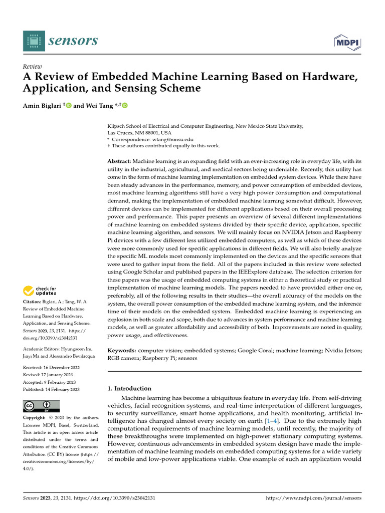 A Review of Embedded Machine Learning Based On Hardware, Application ...