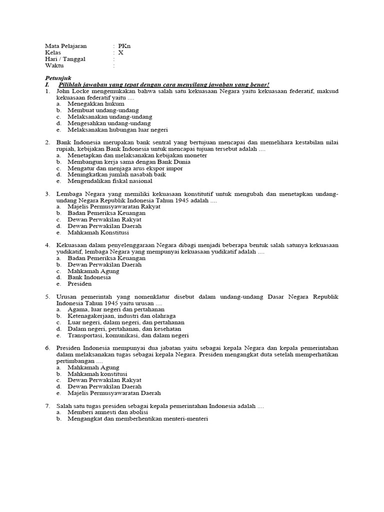 Soal PAS PKN X | PDF