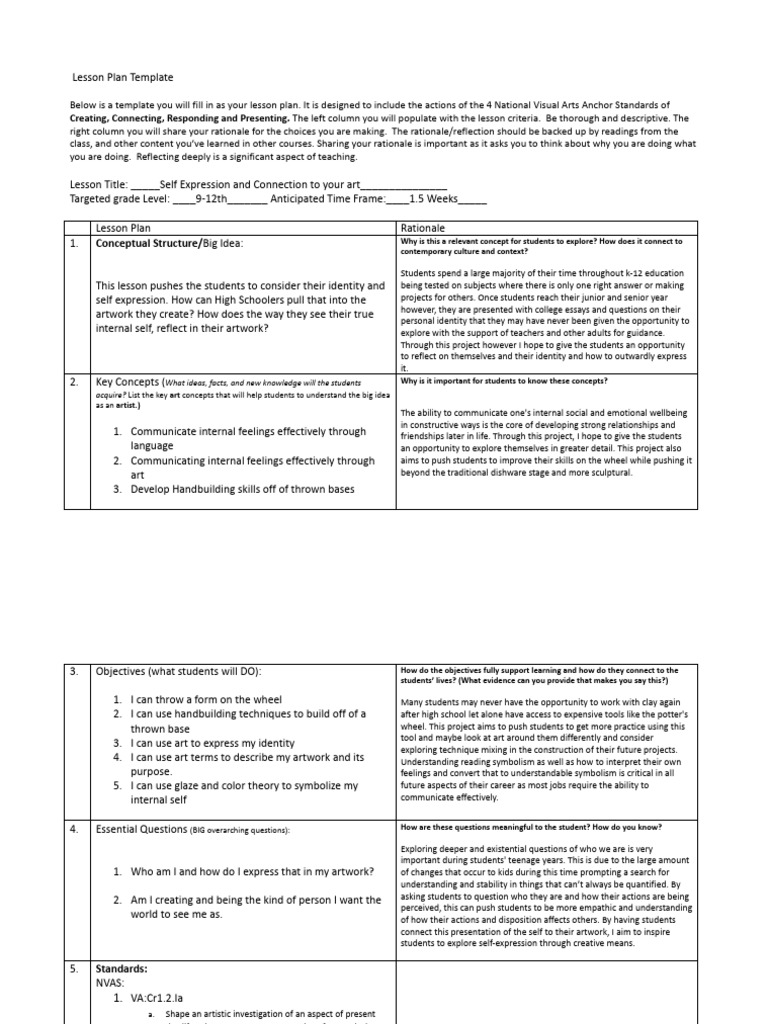 Sfecker Highschoolpotteryselfexpression Connection | PDF | Lesson Plan ...