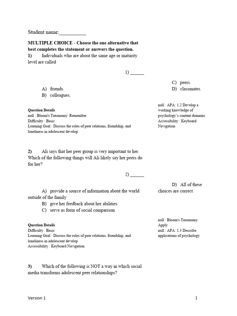 Adolescent Peer Relationships Quiz | PDF | Friendship | Adolescence