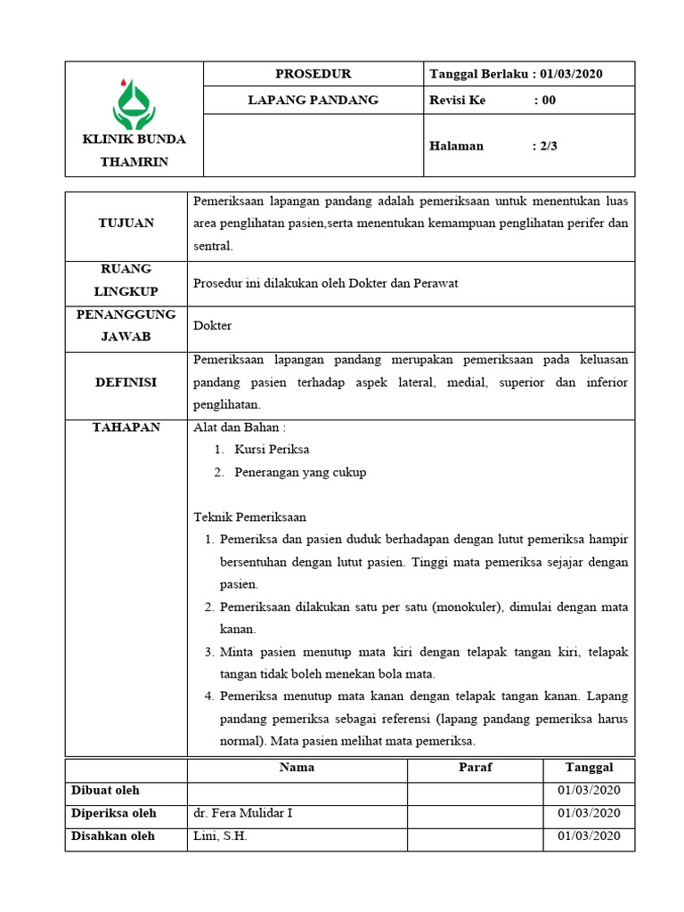 Prosedur Pemeriksaan Lapang Pandang | PDF
