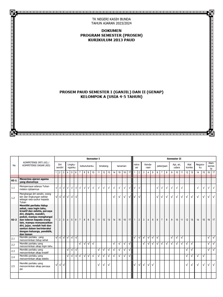 Prosem TK A 4-5 Tahun K13 Semester 1,2 | PDF