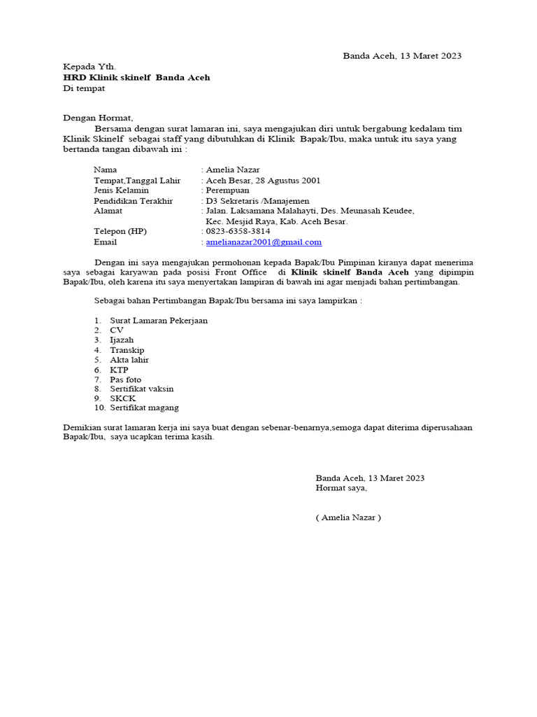 Surat Lamaran Amel Suzuya Salinan | PDF