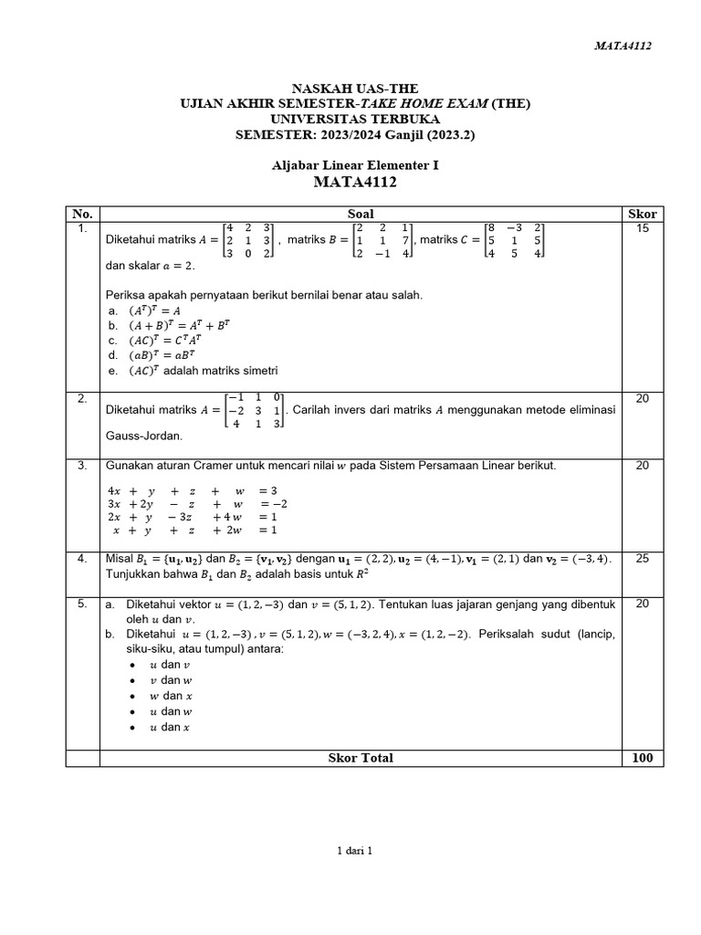 UAS Aljabar Linear Elementer | PDF