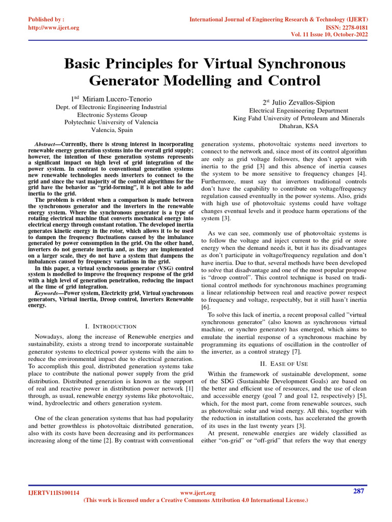 Basic Principles For Virtual Synchronous Generator Modelling And Control Ijertv11is100114 Pdf 
