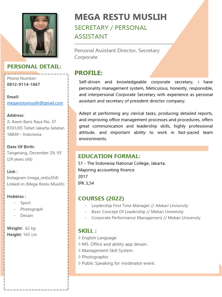 CV - Secretary Mega Restu | PDF | Employment | Economies