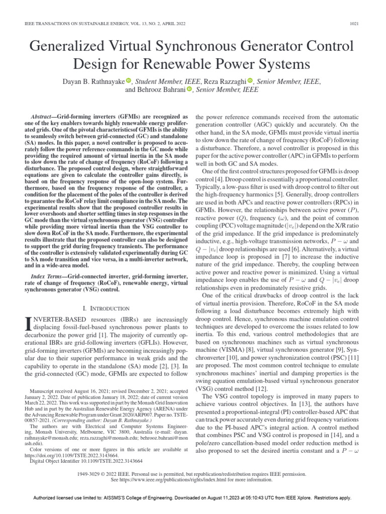 Generalized Virtual Synchronous Generator Control Design For Renewable ... Generalized Virtual Synchronous Generator Control Design For Renewable ...