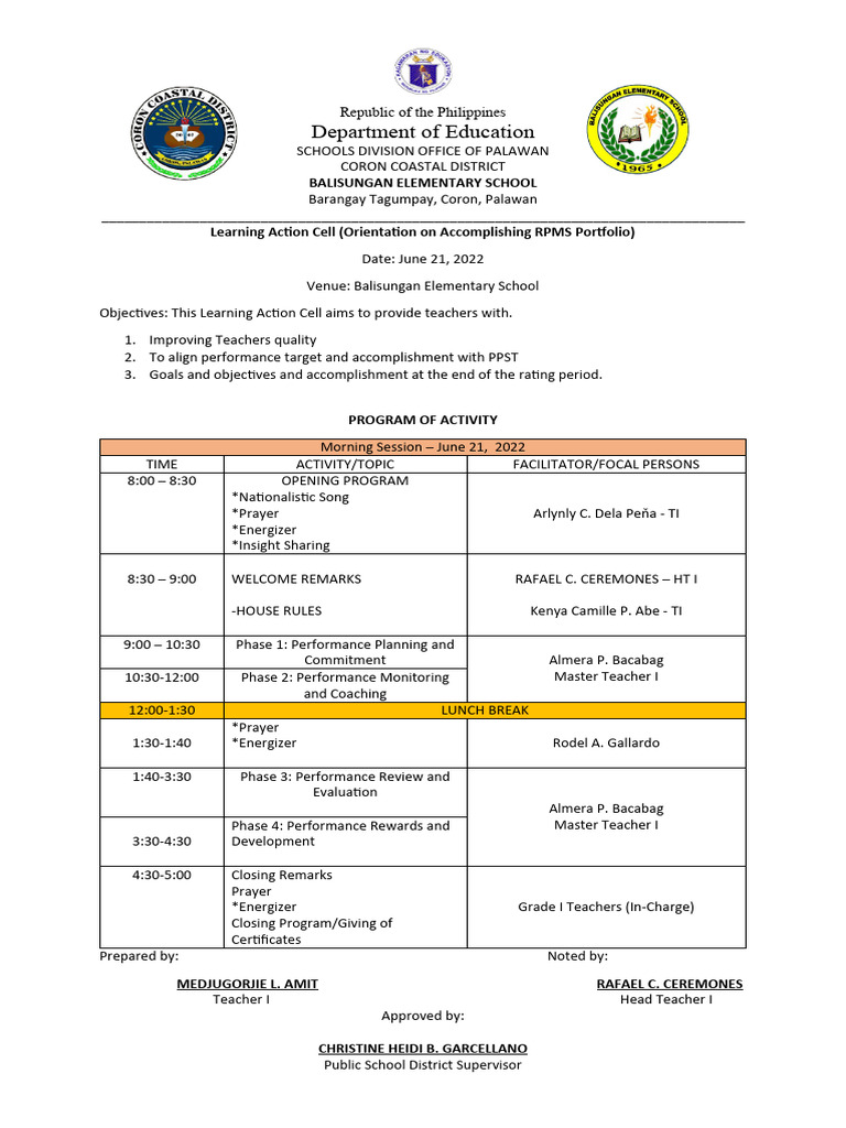 Learning Action Cell (Orientation on Accomplishing RPMS portfolio) | PDF