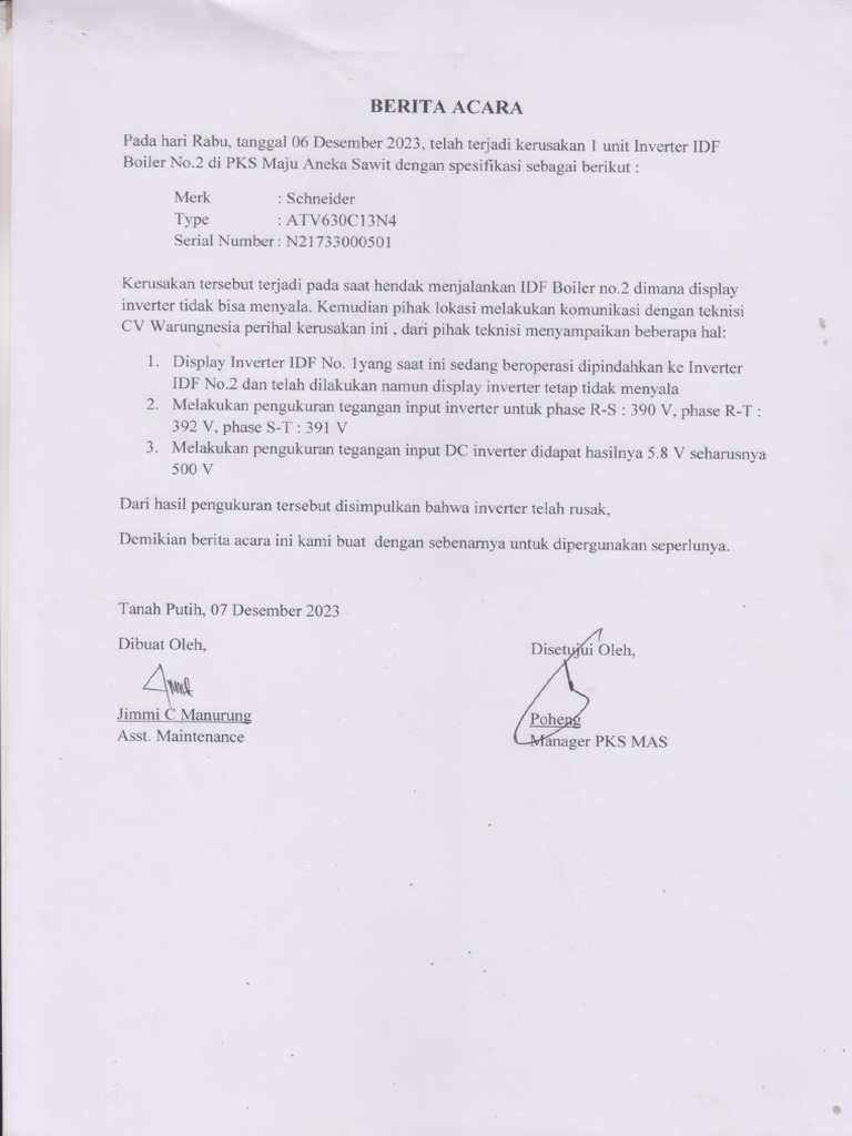 BA Kerusakan Inverter MAS-Schneider-ATV630C13N4-231206 | PDF