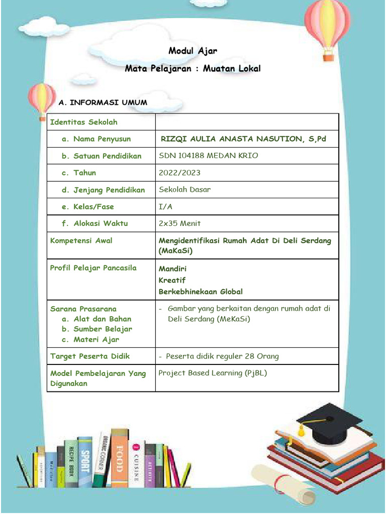 Modul Ajar MULOK Budaya Deli Serdang Fase A Kelas 1 | PDF