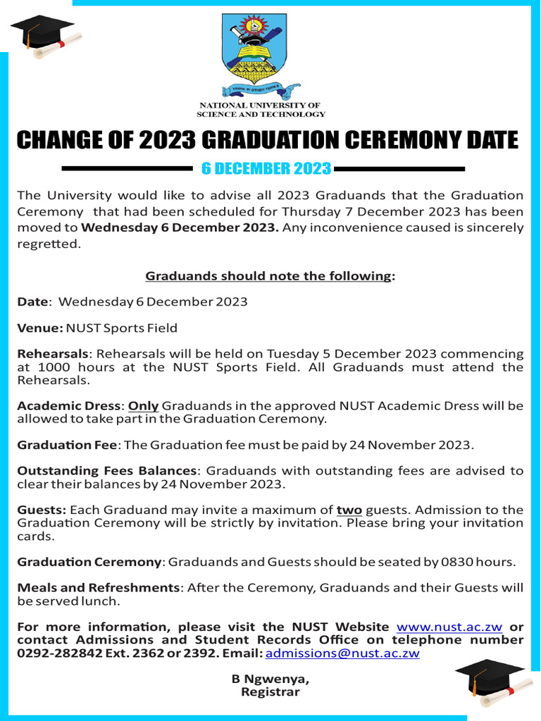Change of NUST 2023 Graduation Ceremony Date - 231122 - 184819 | PDF