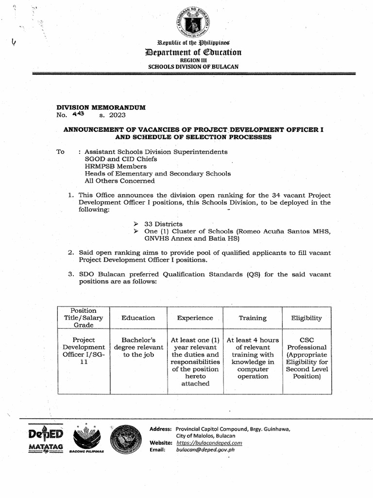 Division Memorandum No 443 S 2023 | PDF