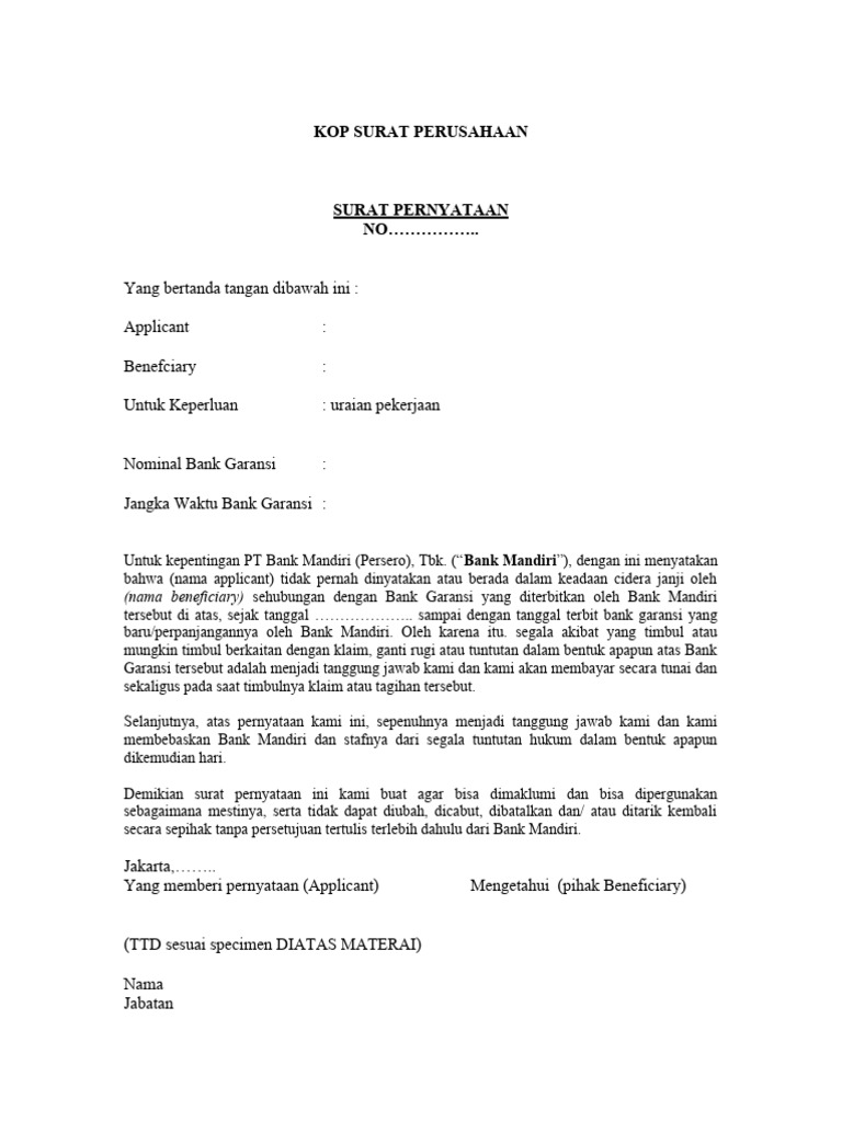 Surat pernyataan backdate (Bank Mandiri) | PDF