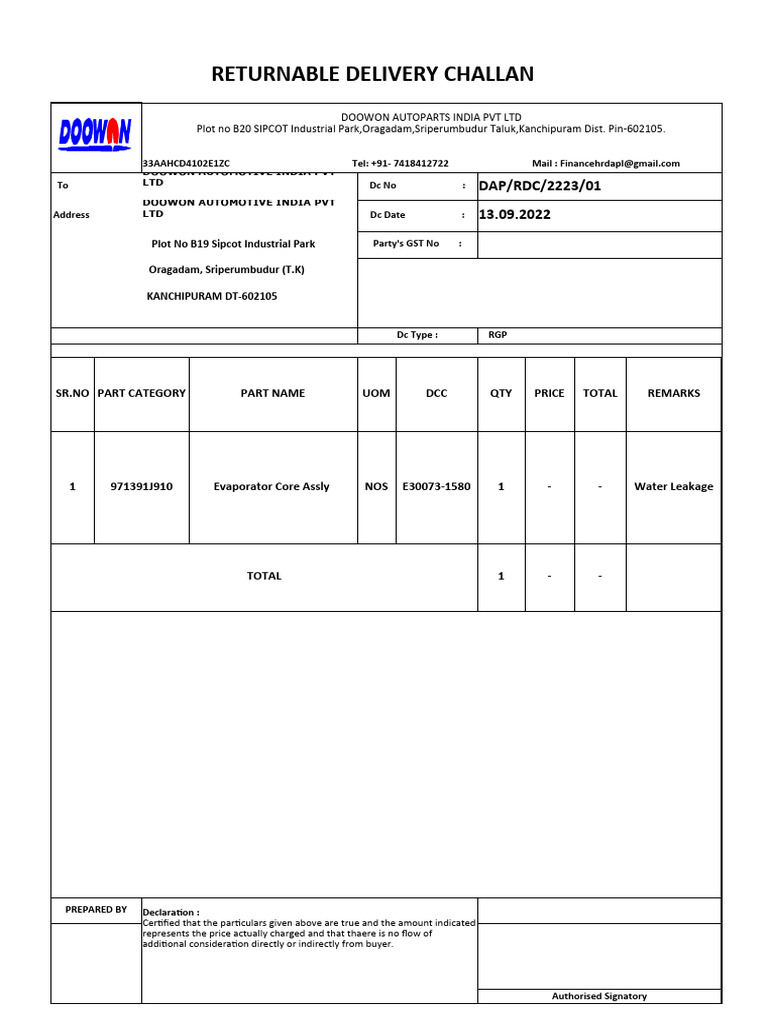 Returnable Delivery Challan Format | PDF | Manufactured Goods | Machines