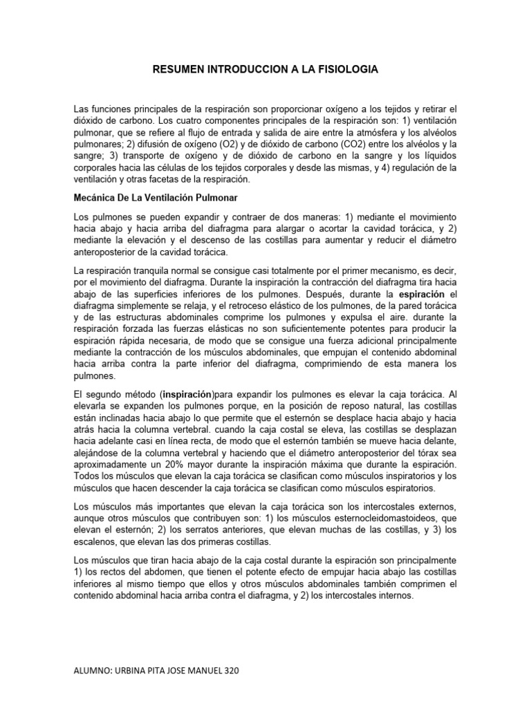 Resumen Introduccion A La Fisiologia | Descargar gratis PDF | Respiración | Pulmón
