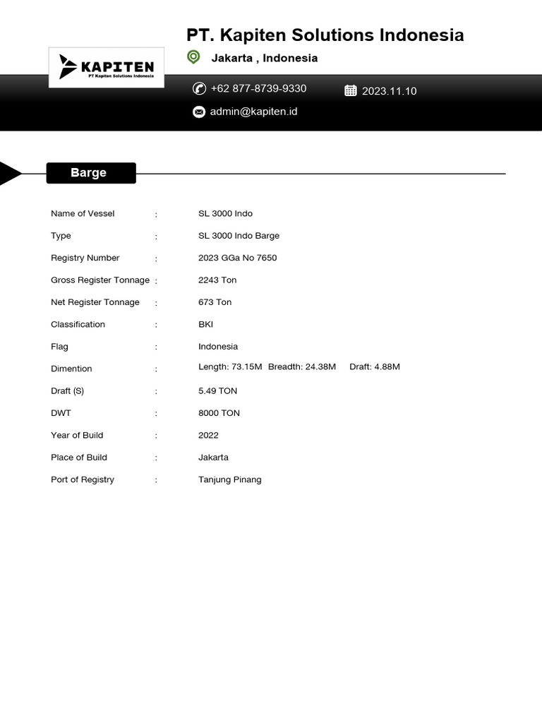 Ship Particulars for SL 3000 Barge & Tug | PDF