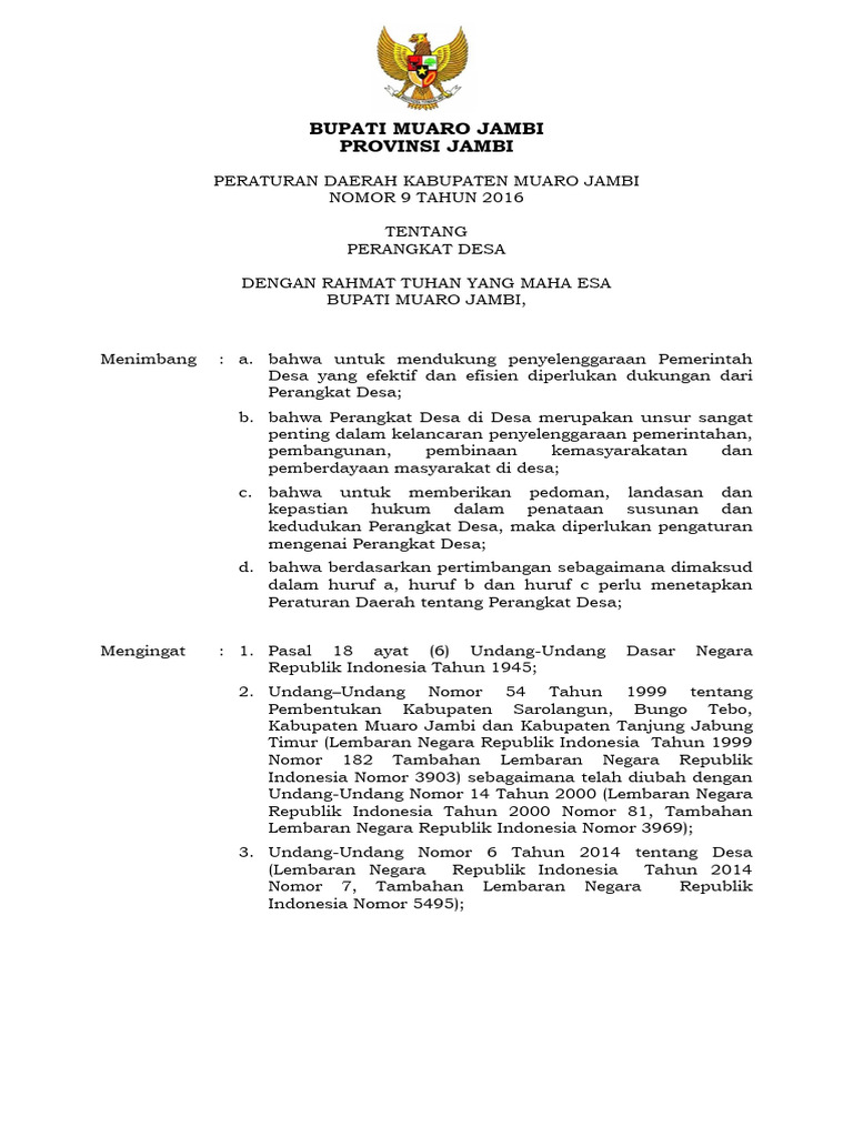 Perda No.09 Tahun 2016 Tentang Perangkat Desa | PDF