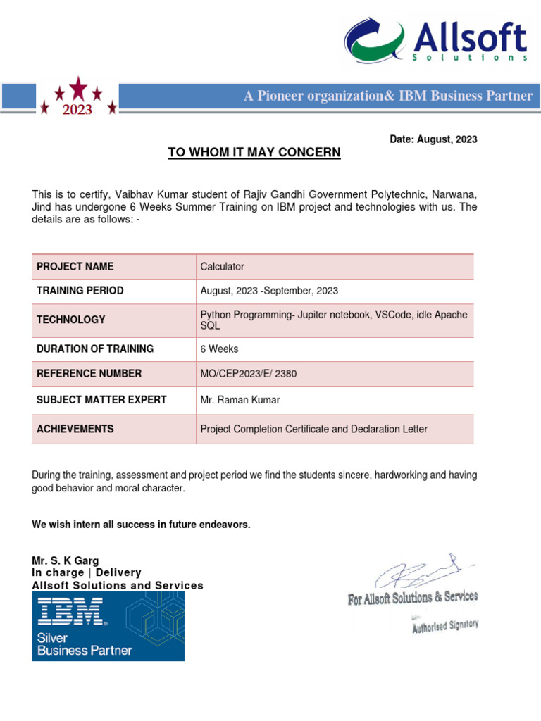 Vaibhav Kumar's Summer Training Certificate | PDF | Business