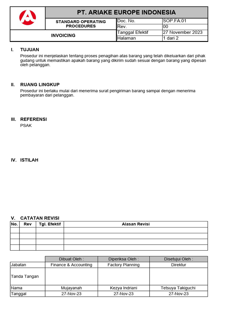 SOP - FA.01 Inv | PDF