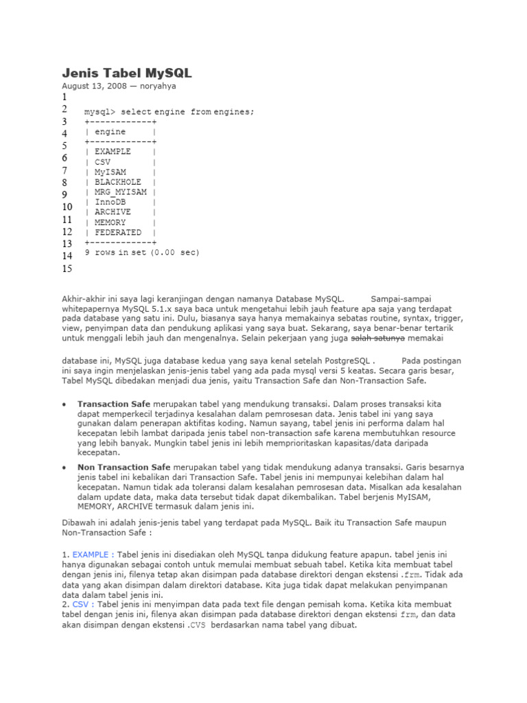 Jenis Tabel MySQL | PDF